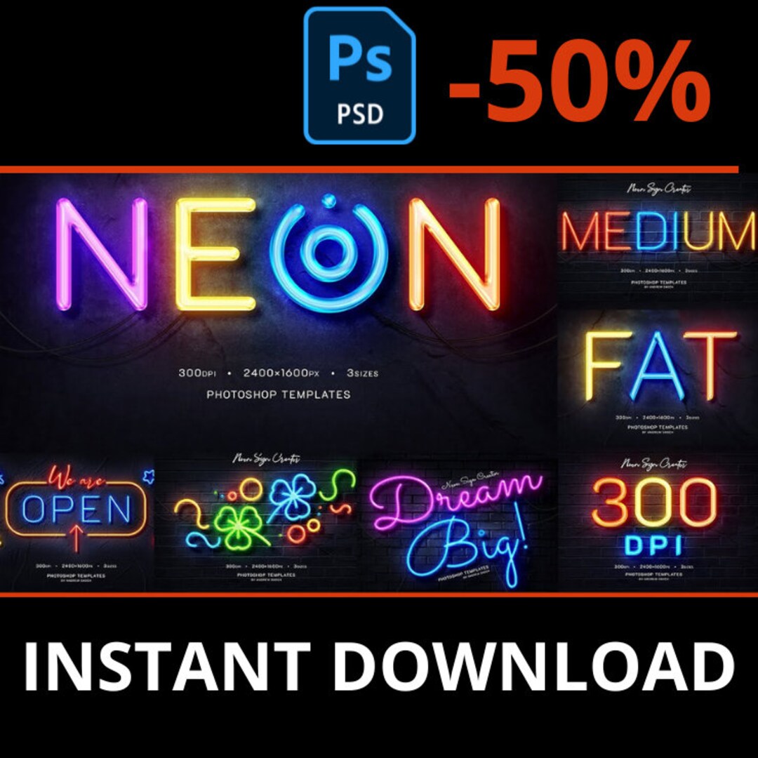 Neon Text Effect Pack, Photoshop Text Effect Lights, Instant Download ...