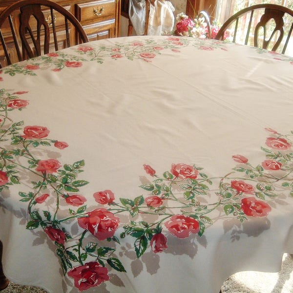 Pink Roses Vintage Tablecloth - Etsy