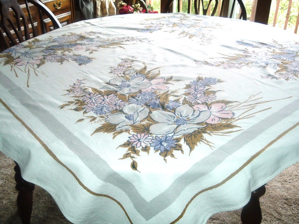 Vintage Tablecloth Simtex Flowers Pink Purple Grey 46 X 51 Inches - Etsy