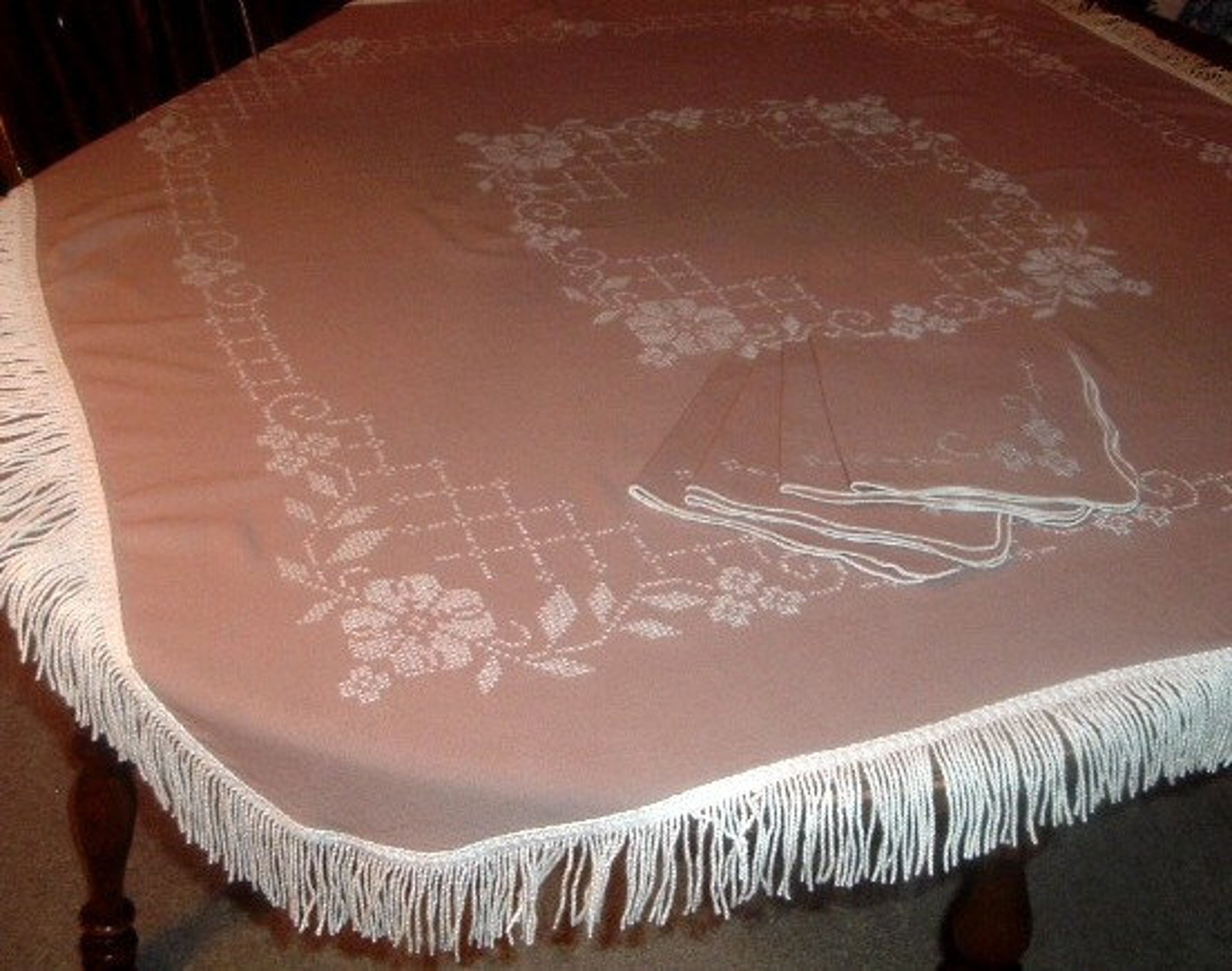 VINTAGE TABLECLOTH SET Swiss Chocolate Brown Cream Crosstitch Fringed ...