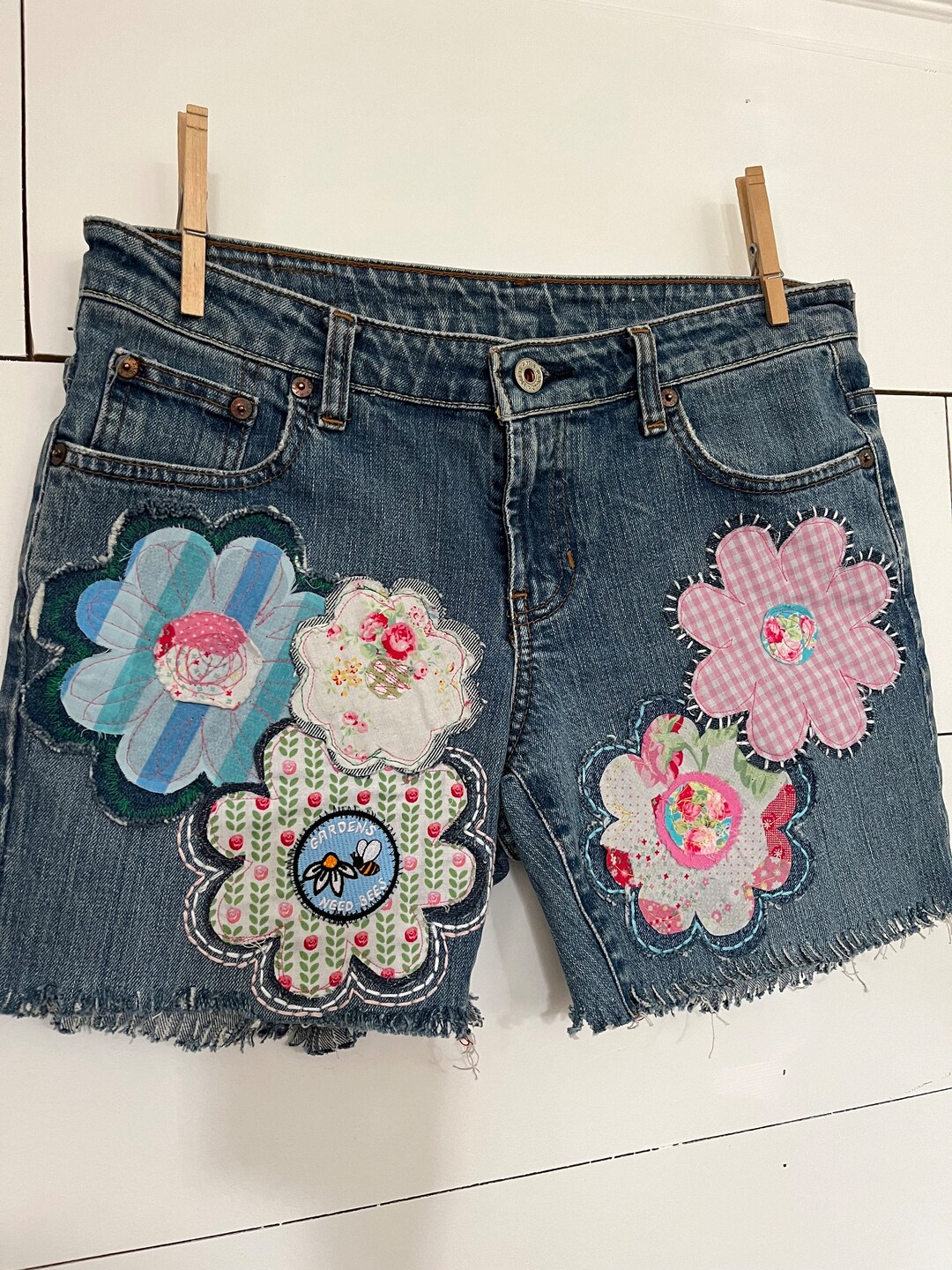 Women's Denim Cut-off Patchwork Shorts, Hippie, Boho, Concert Shorts ...