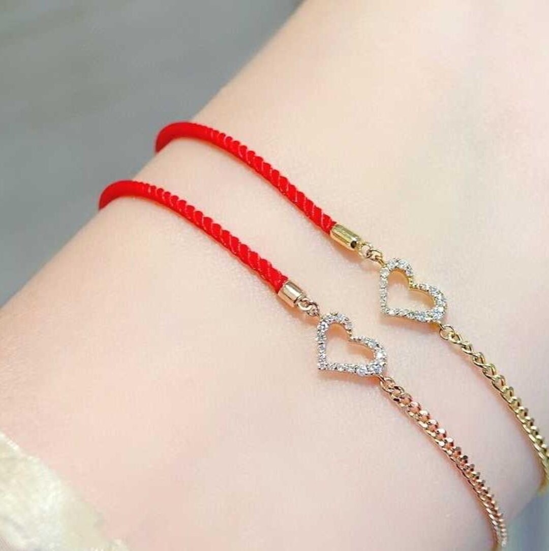 18K Gold Red Rope Natural Diamond Heart Bracelet, Red Lucky Bracelet ...
