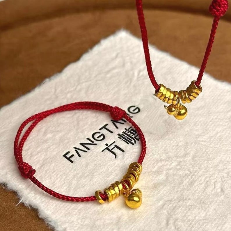 18K Gold Beads 18K Gold Gourd Red Rope Bracelet, Red Lucky Bracelet ...