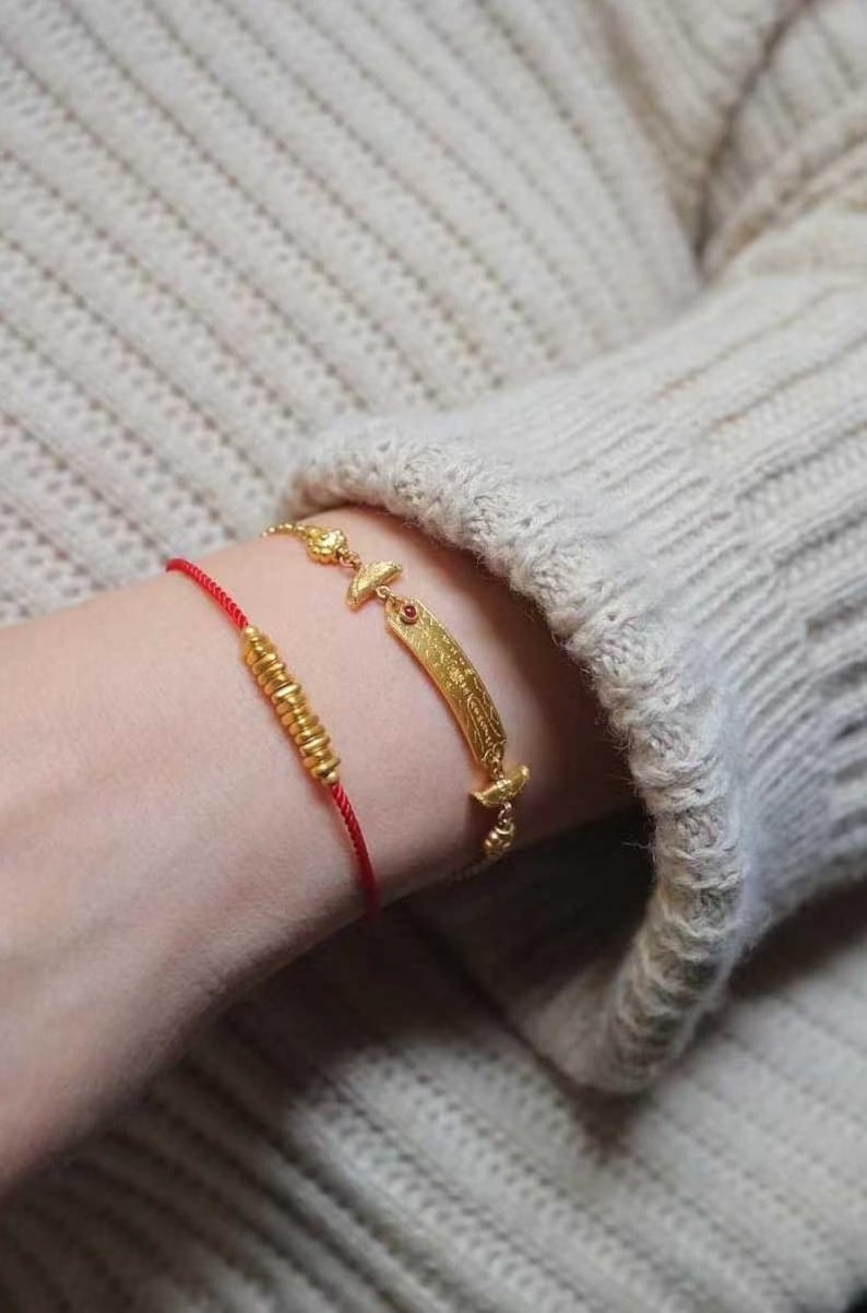 999 24K Gold Beads 18K Gold Bracelet Buckle Red Rope Bracelet, Red ...