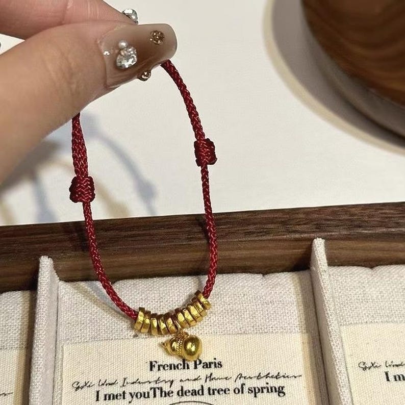 18K Gold Beads 18K Gold Gourd Red Rope Bracelet, Red Lucky Bracelet ...