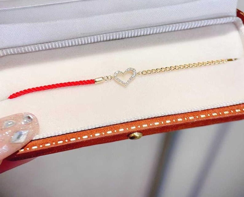 18K Gold Red Rope Natural Diamond Heart Bracelet, Red Lucky Bracelet ...