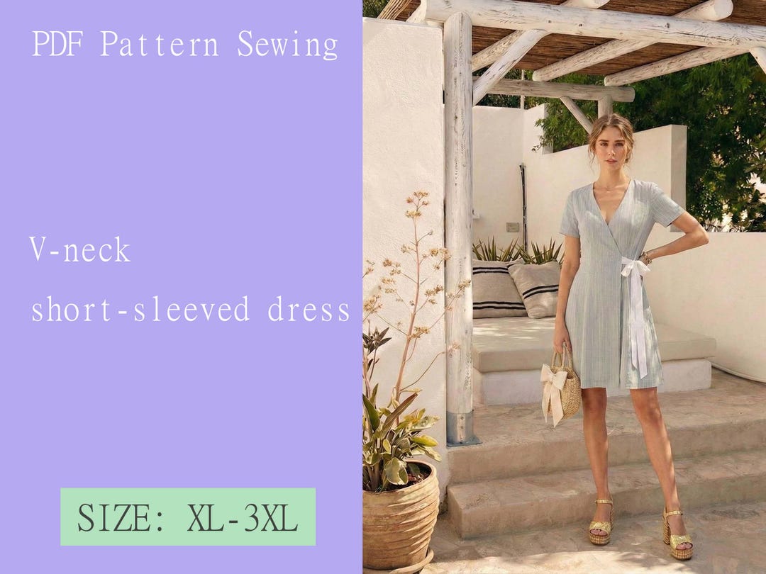 V-neck Short-sleeved Dress Pattern Sewing PDF Digital Goods DIY Size XL ...