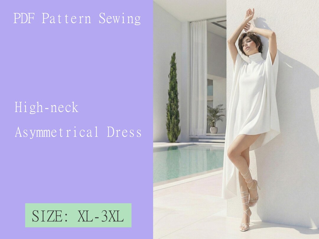 High-neck Asymmetrical Dress Patterns Sewing PDF Digital Goods DIY XL ...