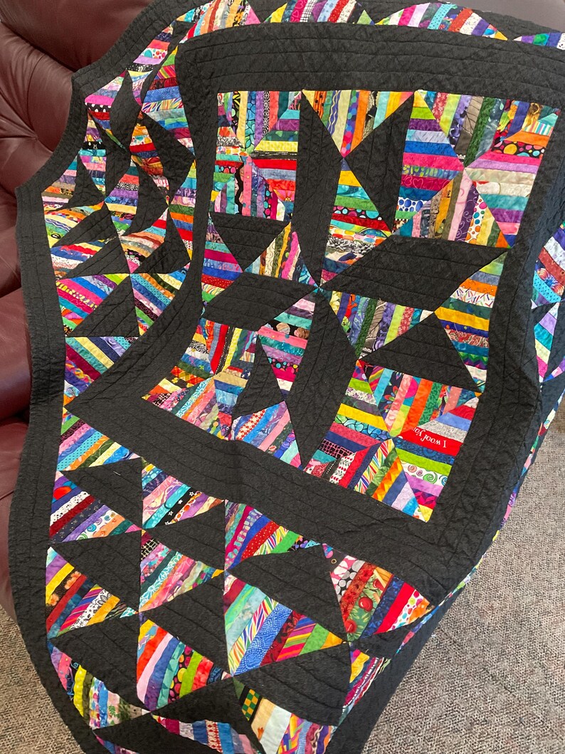 Modern Strip Star Quilt, Bright Multicolor String Pieced Half Square ...