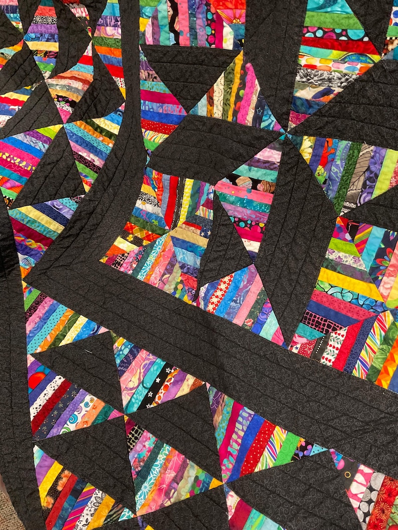 Modern Strip Star Quilt, Bright Multicolor String Pieced Half Square ...