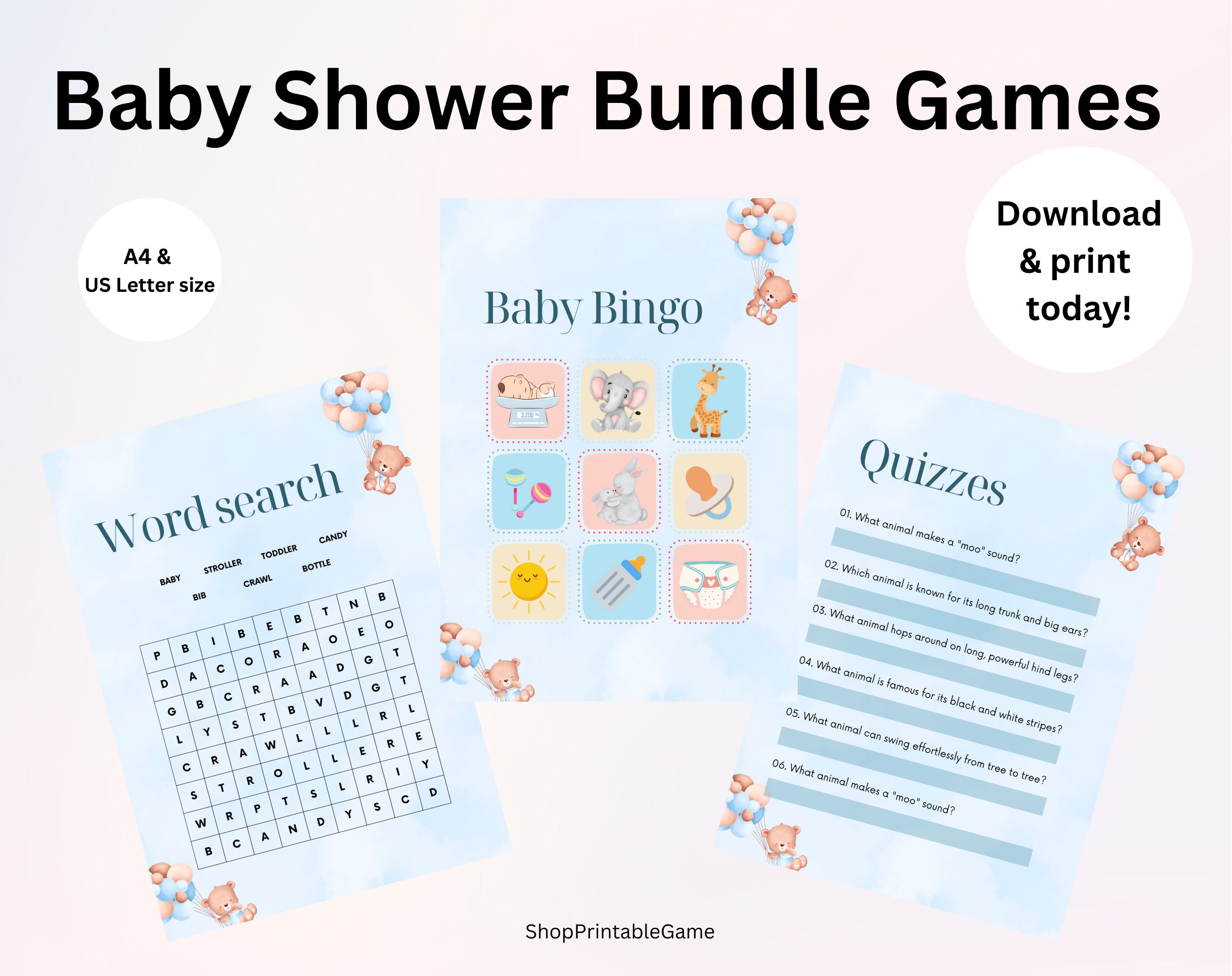 Blue Teddy Bear Baby Shower Games Babyshower Printable Games A4 & US ...