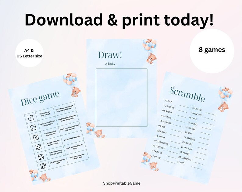 Blue Teddy Bear Baby Shower Games Babyshower Printable Games A4 & US ...
