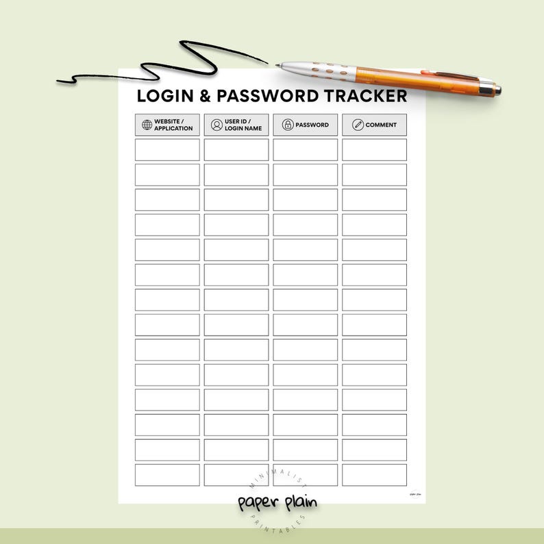 Login and Password Tracker – Printable Password Book | Minimalist ...