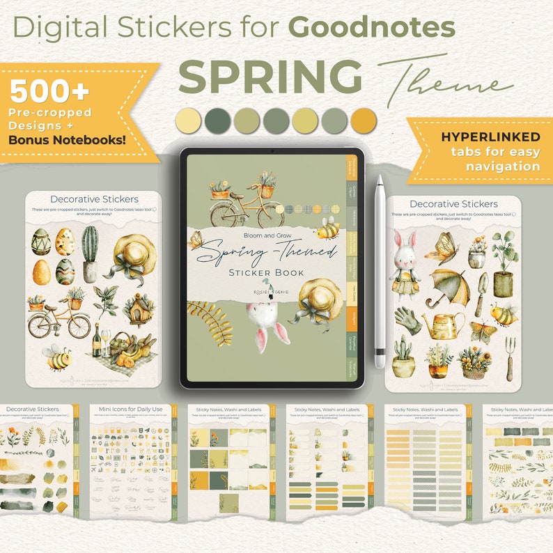 Spring Digital Sticker Book for Goodnotes, Hand-drawn Planner Elements ...