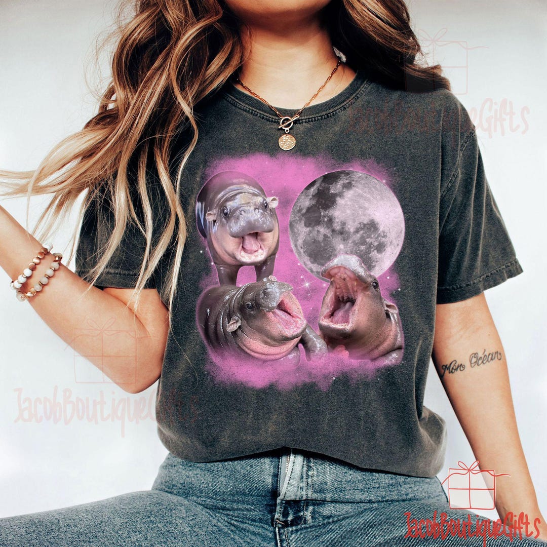 Moo Deng With the Moon Shirt, Moo Deng Shirt, Cute Baby Hippo Moo Deng ...