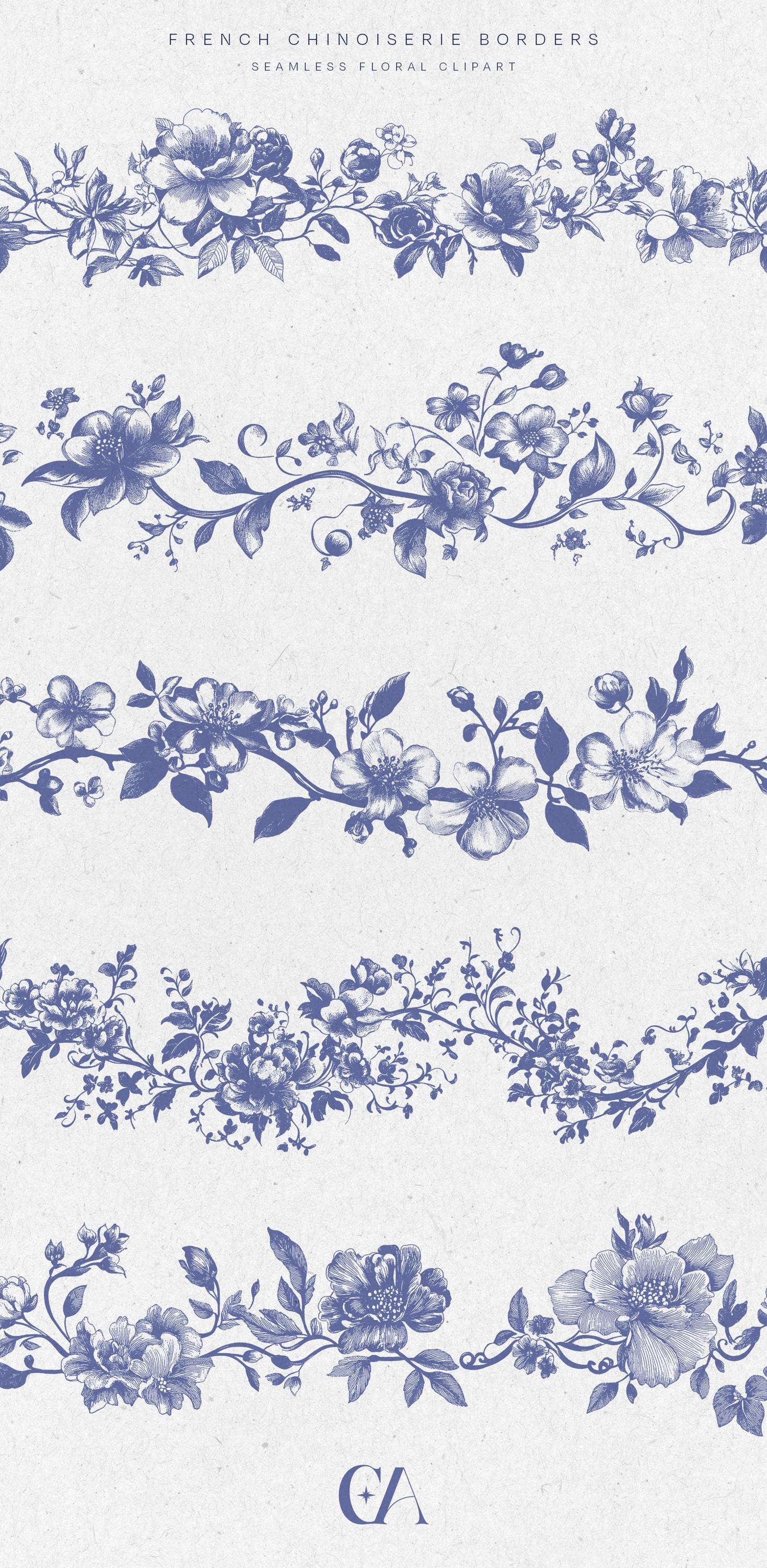 Blue French Chinoiserie Floral Borders: Seamless PNG Clipart (digital ...