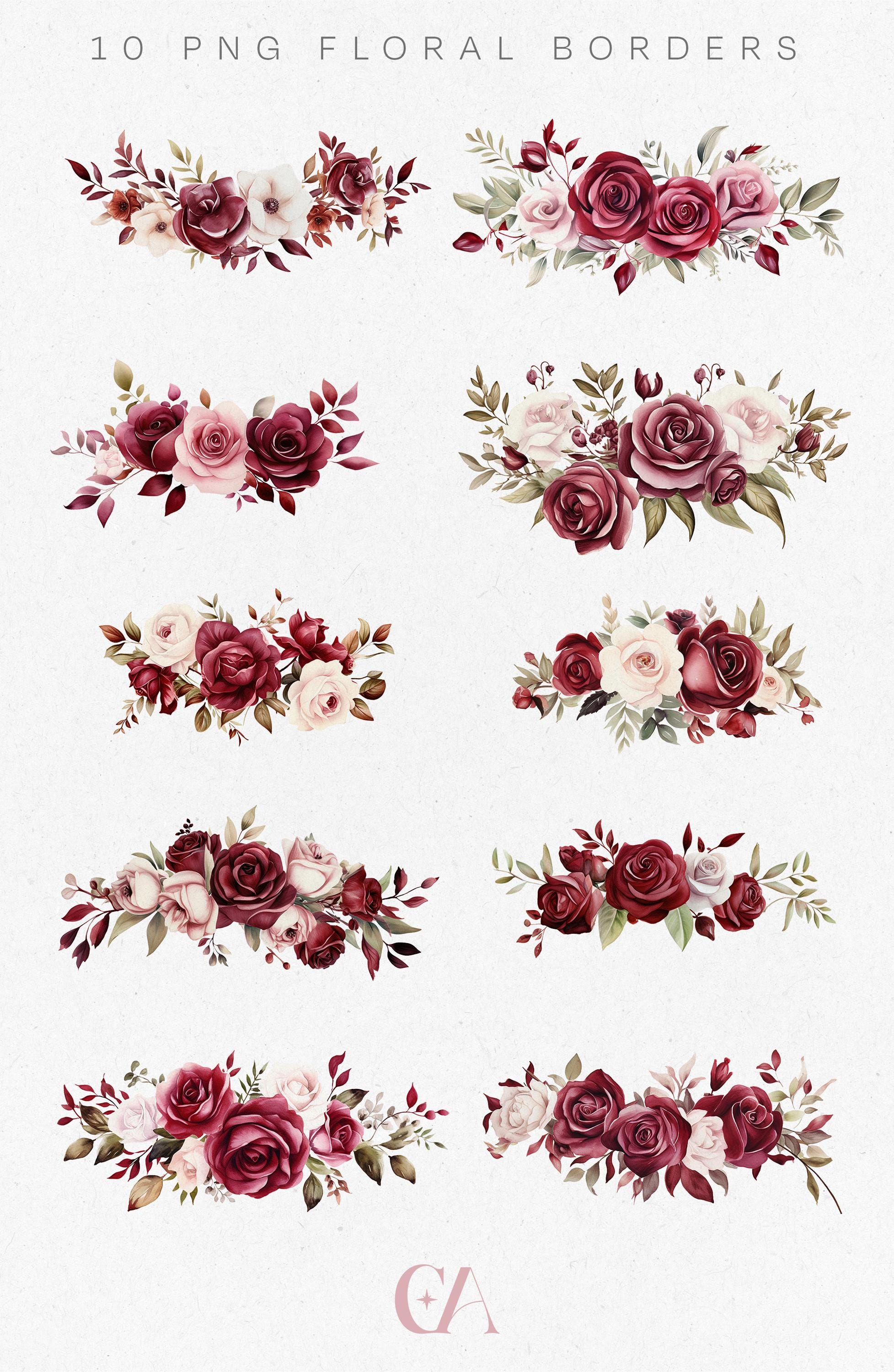 Burgundy Rose Floral Borders: Watercolor Clipart (PNG Digital Download ...