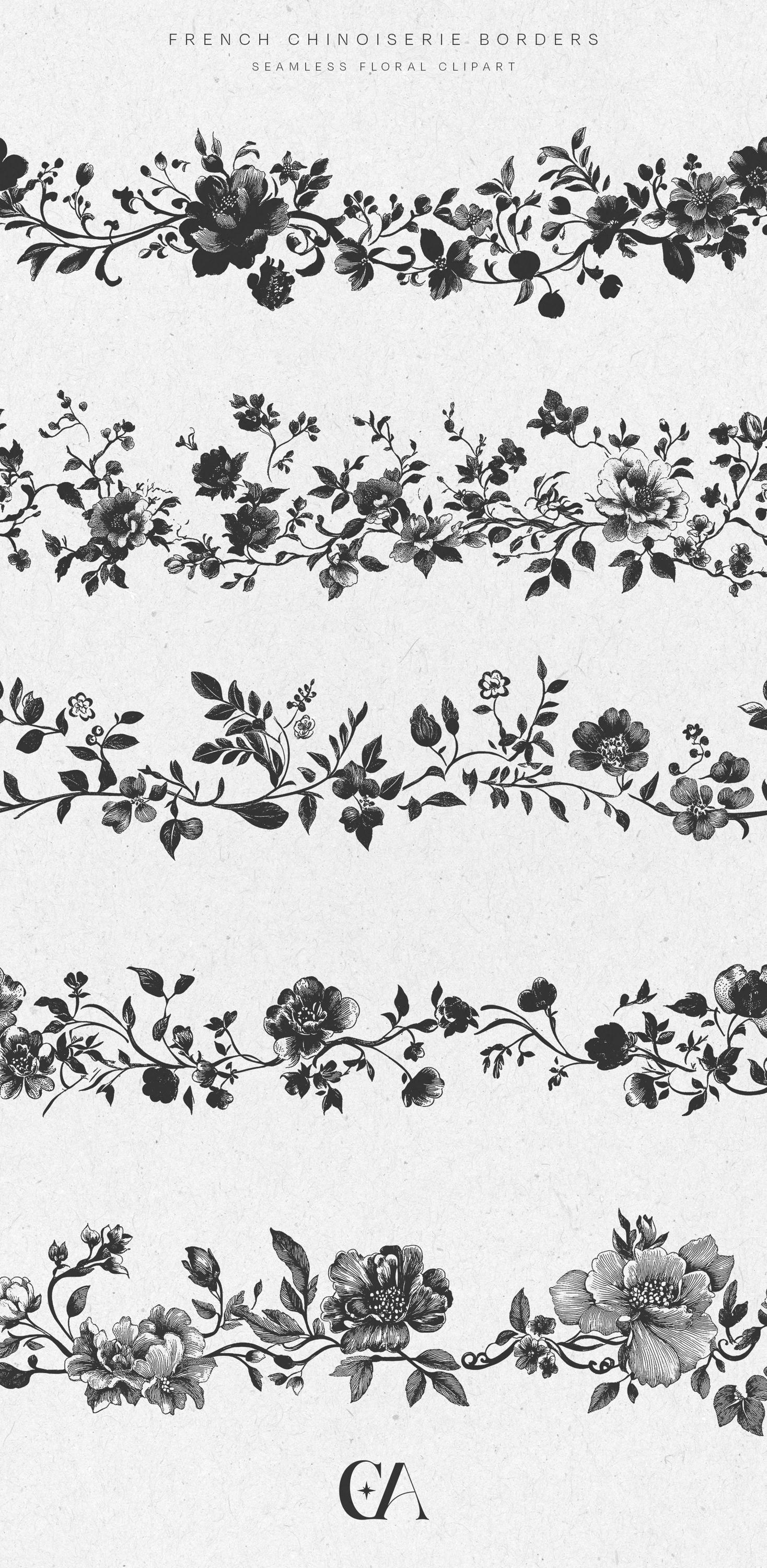 Black French Chinoiserie Floral Borders: Seamless PNG Clipart (digital ...