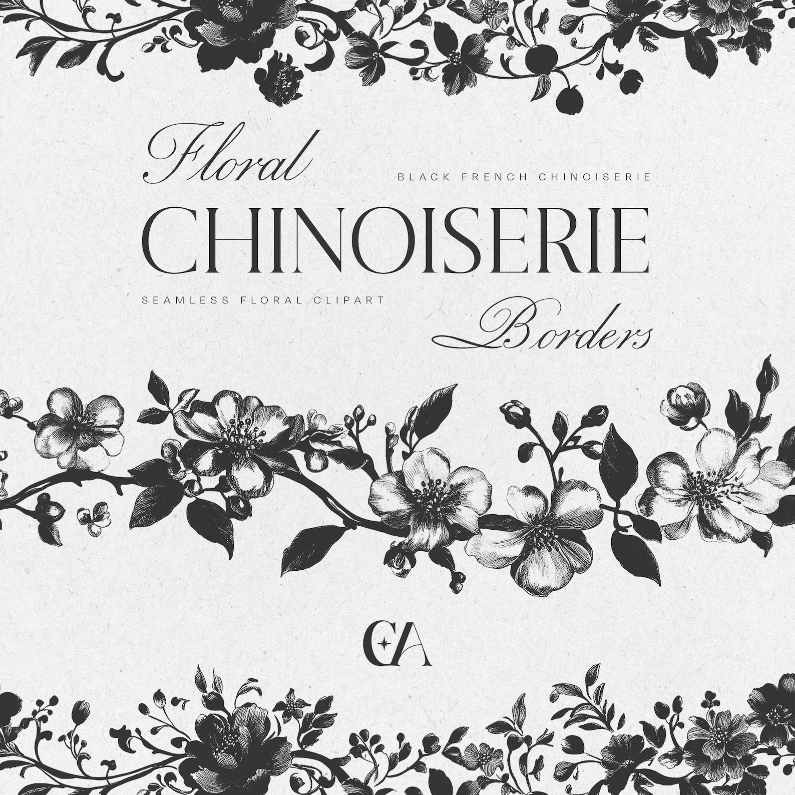 Black French Chinoiserie Floral Borders: Seamless PNG Clipart (digital ...