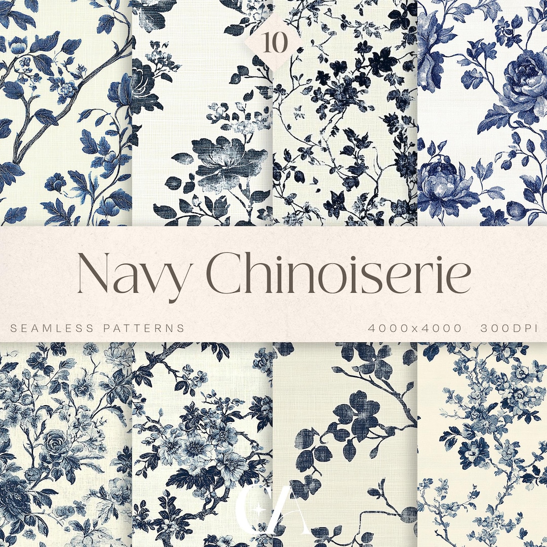 Navy Chinoiserie : Blue Floral Patterns, French Toile Pattern, Seamless ...