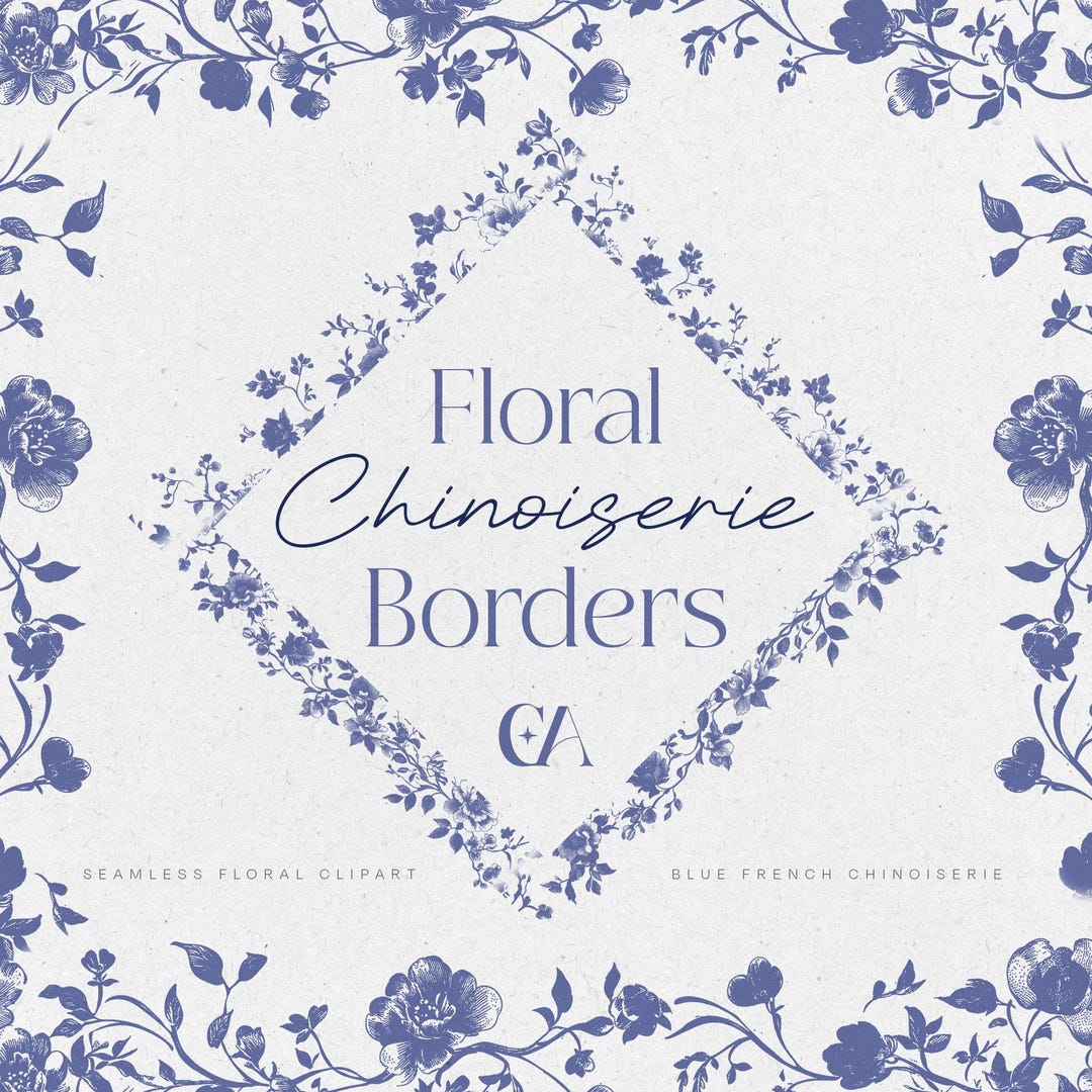 Seamless Floral Borders : PNG, Blue French Chinoiserie Floral Borders ...