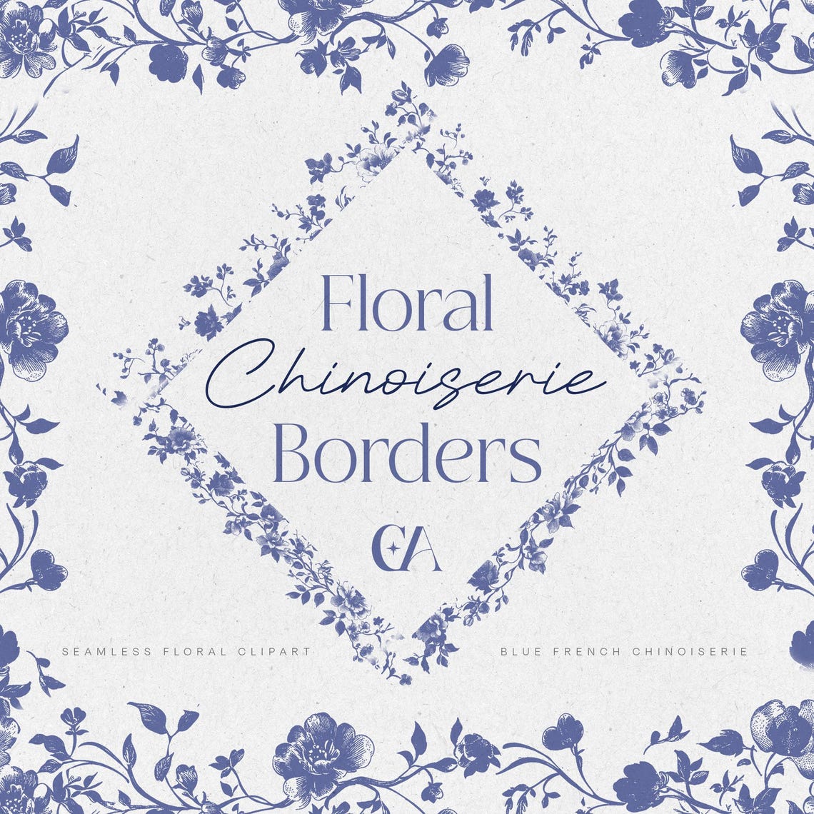 Blue French Chinoiserie Floral Borders: Seamless PNG Clipart (digital ...