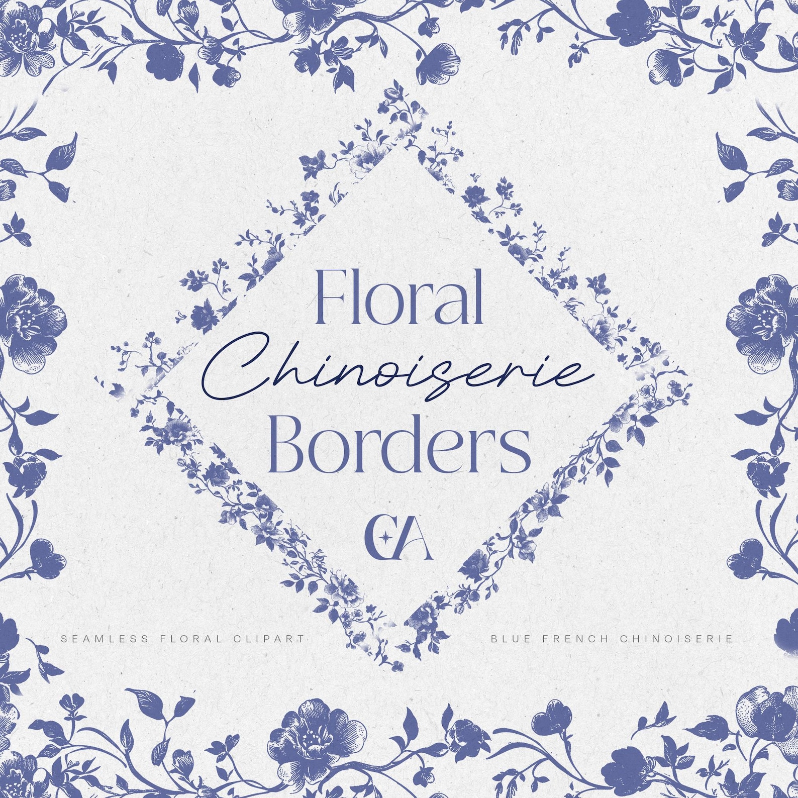 Blue French Chinoiserie Floral Borders: Seamless PNG Clipart (digital ...