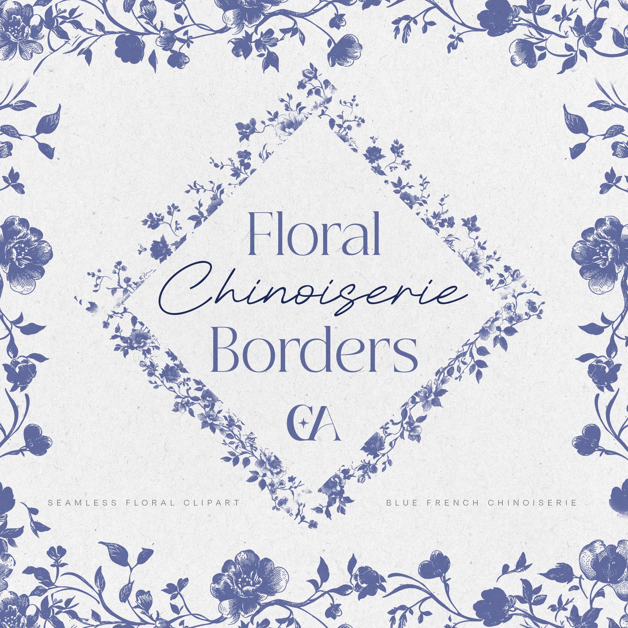 Blue French Chinoiserie Floral Borders: Seamless PNG Clipart (digital ...
