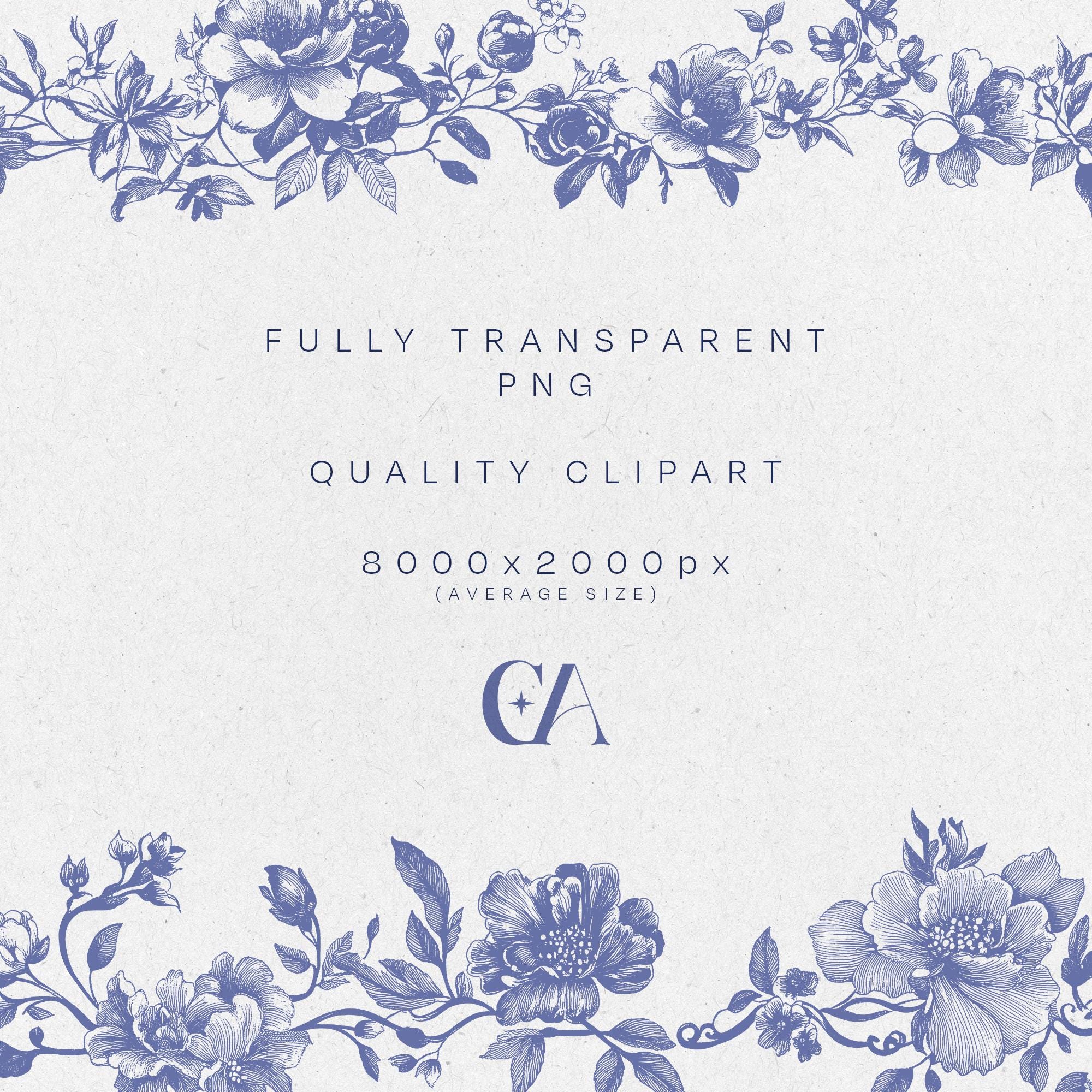 Blue French Chinoiserie Floral Borders: Seamless PNG Clipart (digital ...