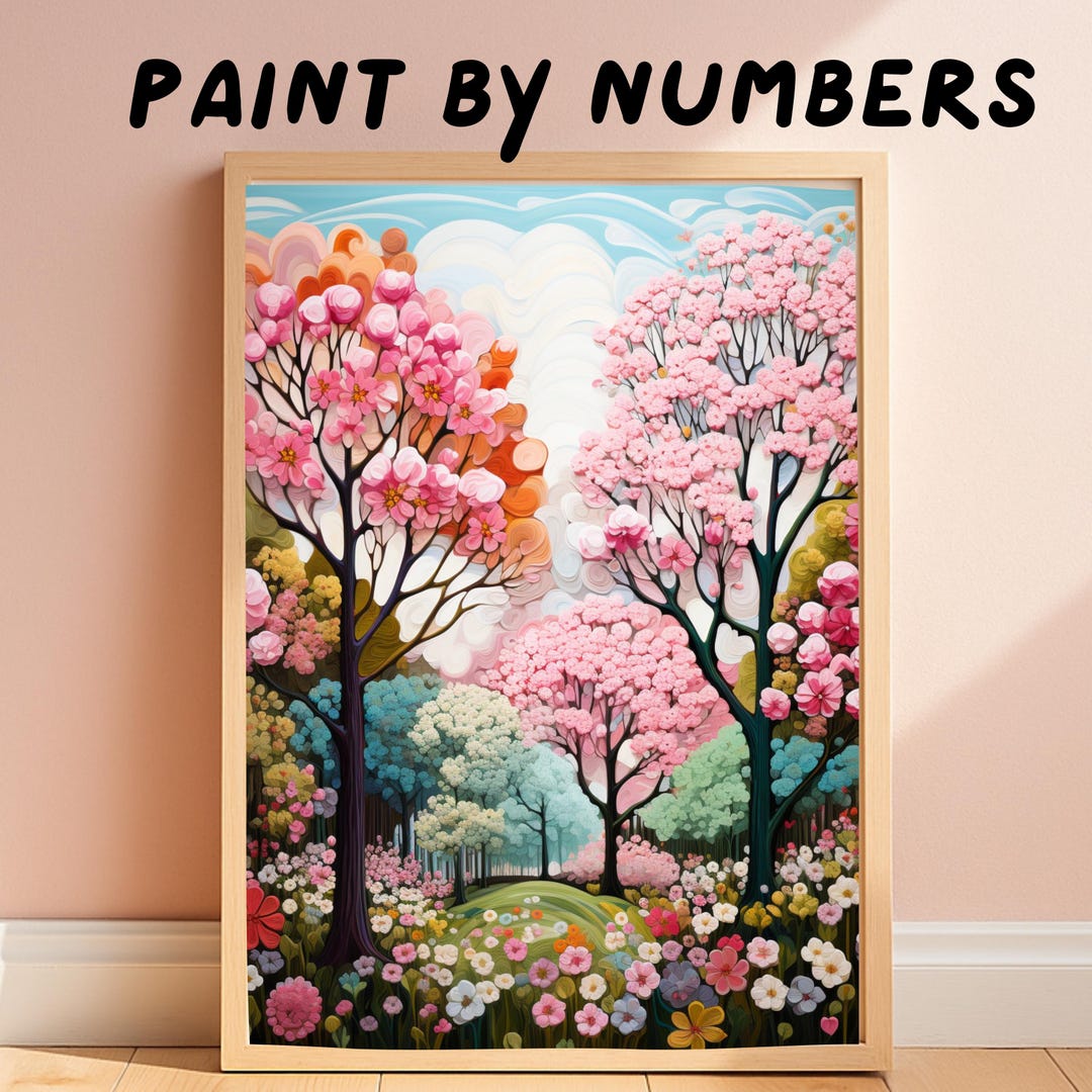 Cherry Blossom Forest Paint by Numbers Kit, Pink Flower Trees DIY ...