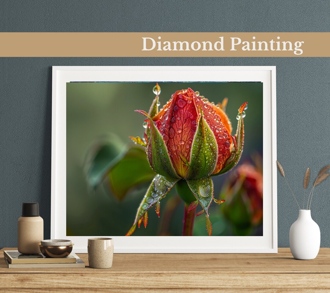 Dew-kissed Rosebud Diamond Painting Kit, Realistic Photography, DIY Art ...