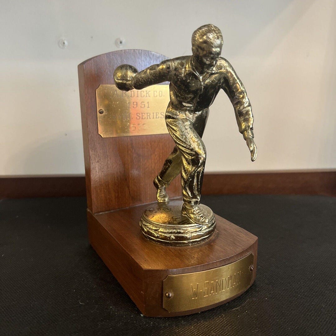 Vintage 1951 Mid Century Mens Bowling Trophy Wood Base Bookend - Etsy