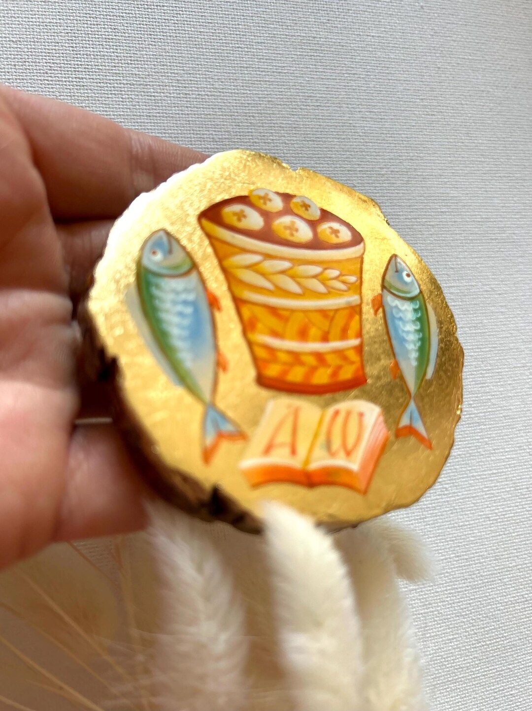 Hand-painted Wooden Icon: Bread and Fish Christian Symbol (7.5 Cm ...