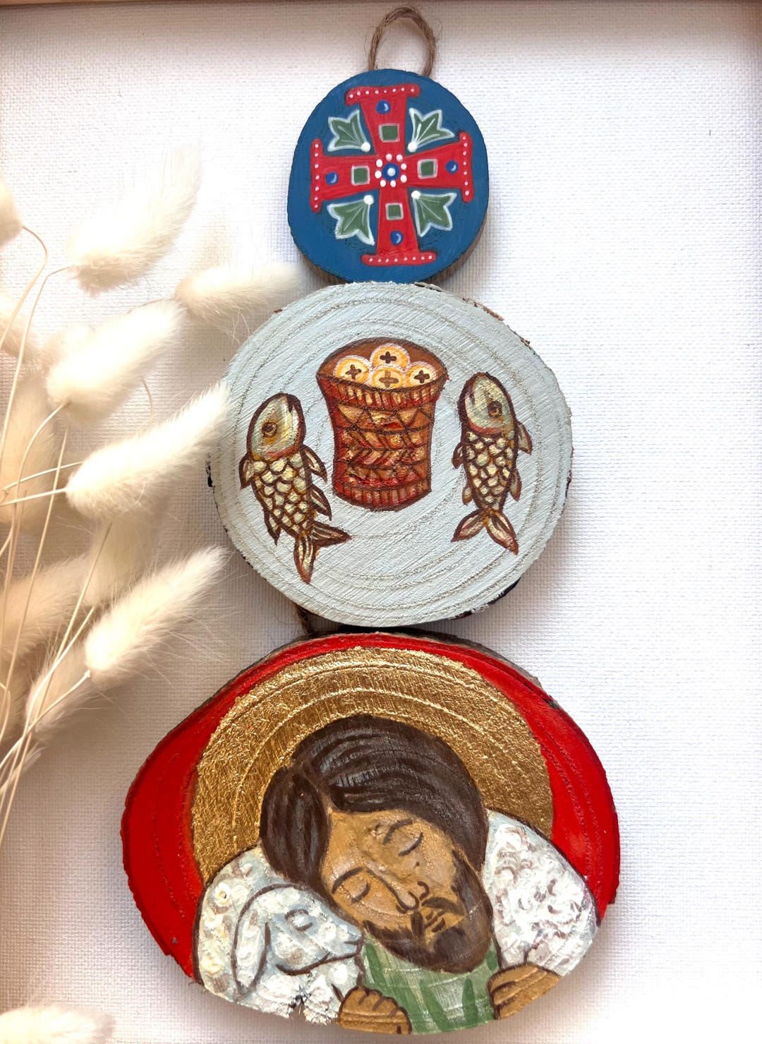 Hand Painted Christian Icon: Jesus, Bread, Fish on Wood - Etsy