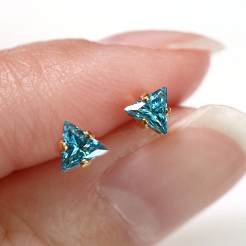 Tiny Blue Topaz Triangle Studs // Sterling Silver or Gold - Etsy