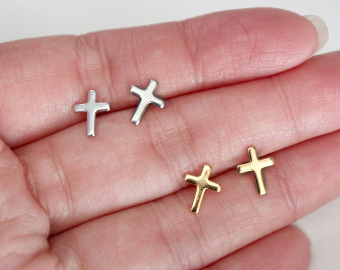 Tiny Cross Studs // Silver or Gold . Simple Cross Earrings . Vertical Latin Cross Earrings ...