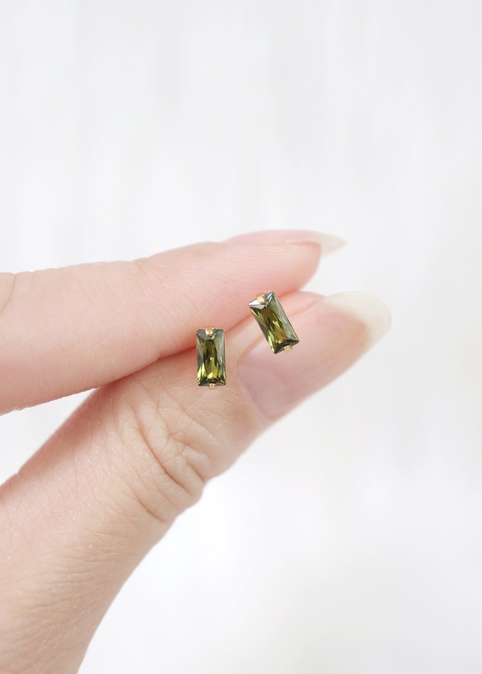 Tiny Olive Peridot Baguette Studs // Sterling Silver or Gold Filled ...