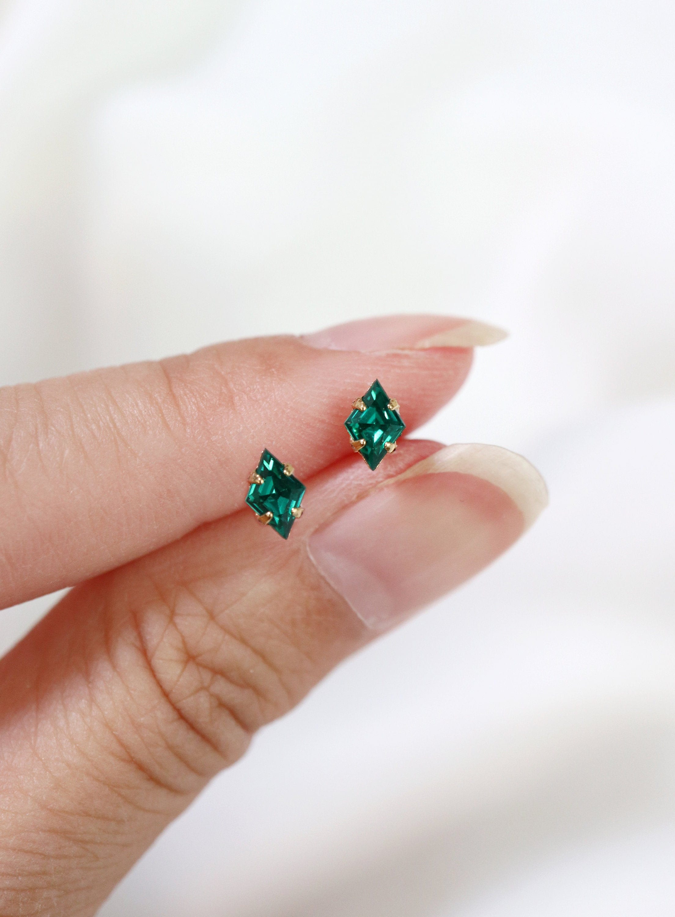 Tiny Emerald Diamond Studs // Sterling Silver or Gold Filled . Minimal ...
