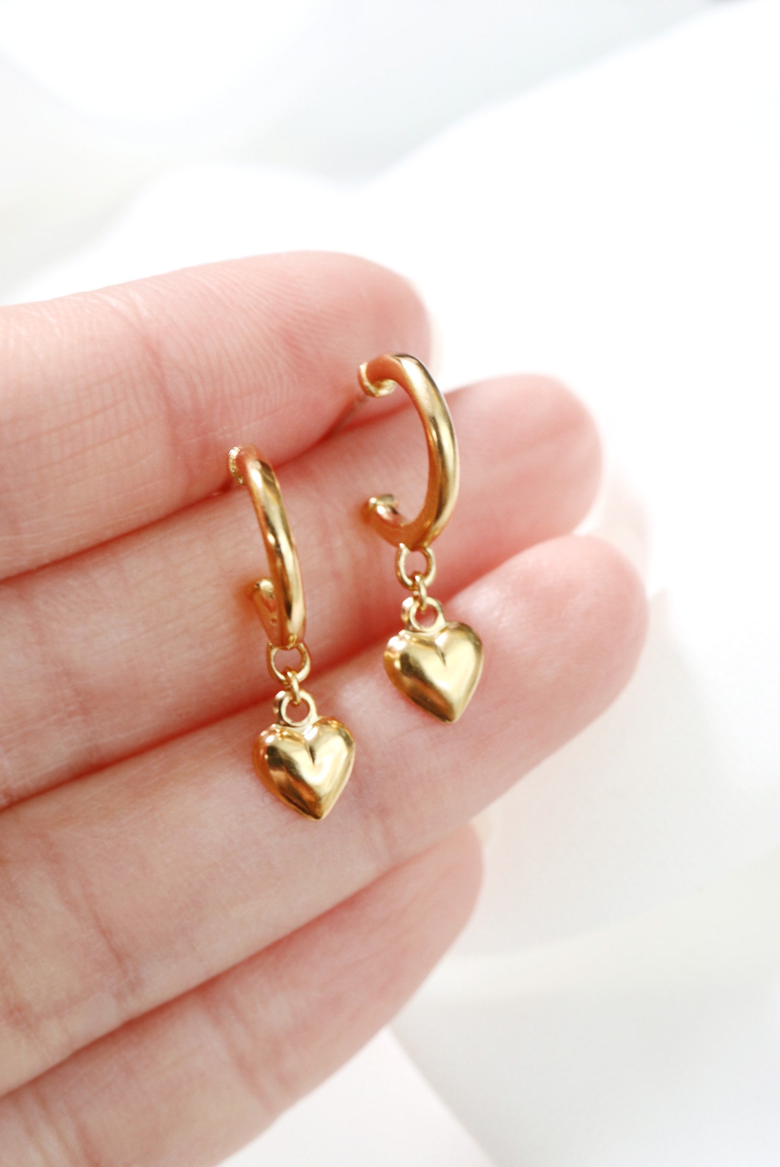 Puffy Heart Hoop Studs // Gold Vermeil or Sterling Silver . Heart Charm ...