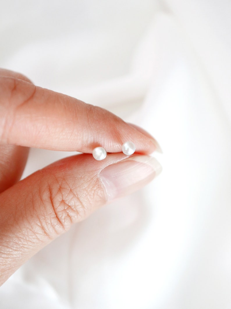 Micro Pearl Stud Earrings // Tiny Freshwater Pearl Earrings . White ...