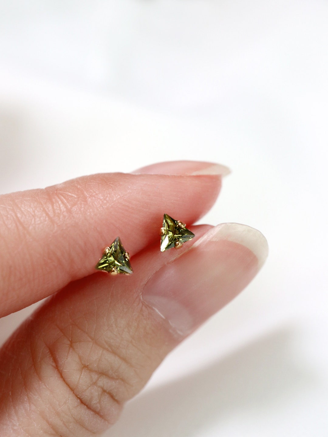 Tiny Peridot Triangle Studs // Sterling Silver or Gold Filled . Minimal ...