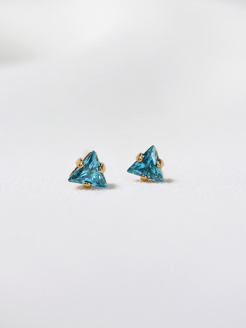 Tiny Blue Topaz Triangle Studs // Sterling Silver or Gold - Etsy