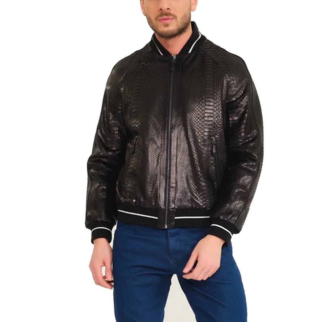 Python Embossed Biker Leather Jacket Men's Luxury Motorcycle Python ...