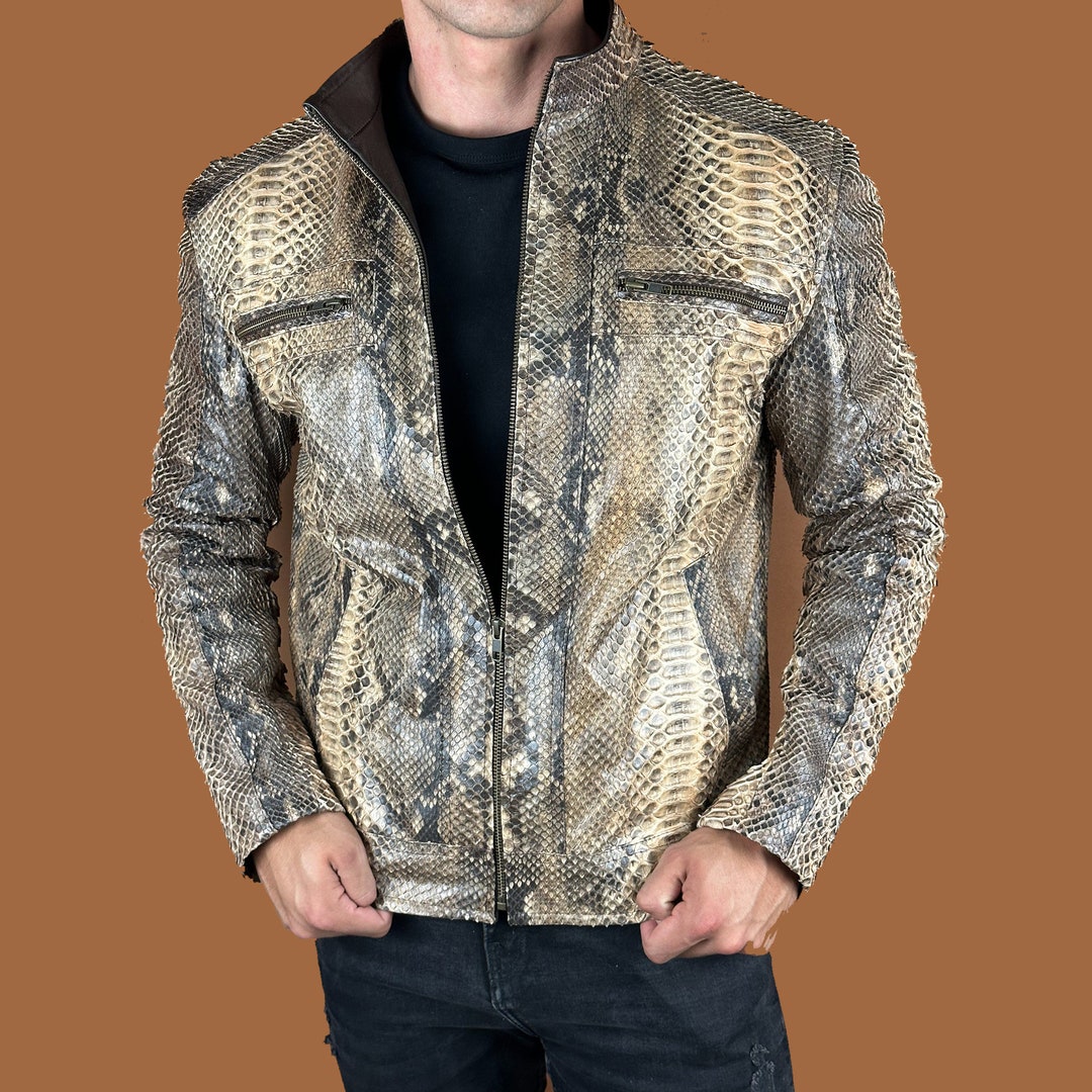 Brown Python Embossed Leather Jacket, Men's Luxury Motorcycle Python ...