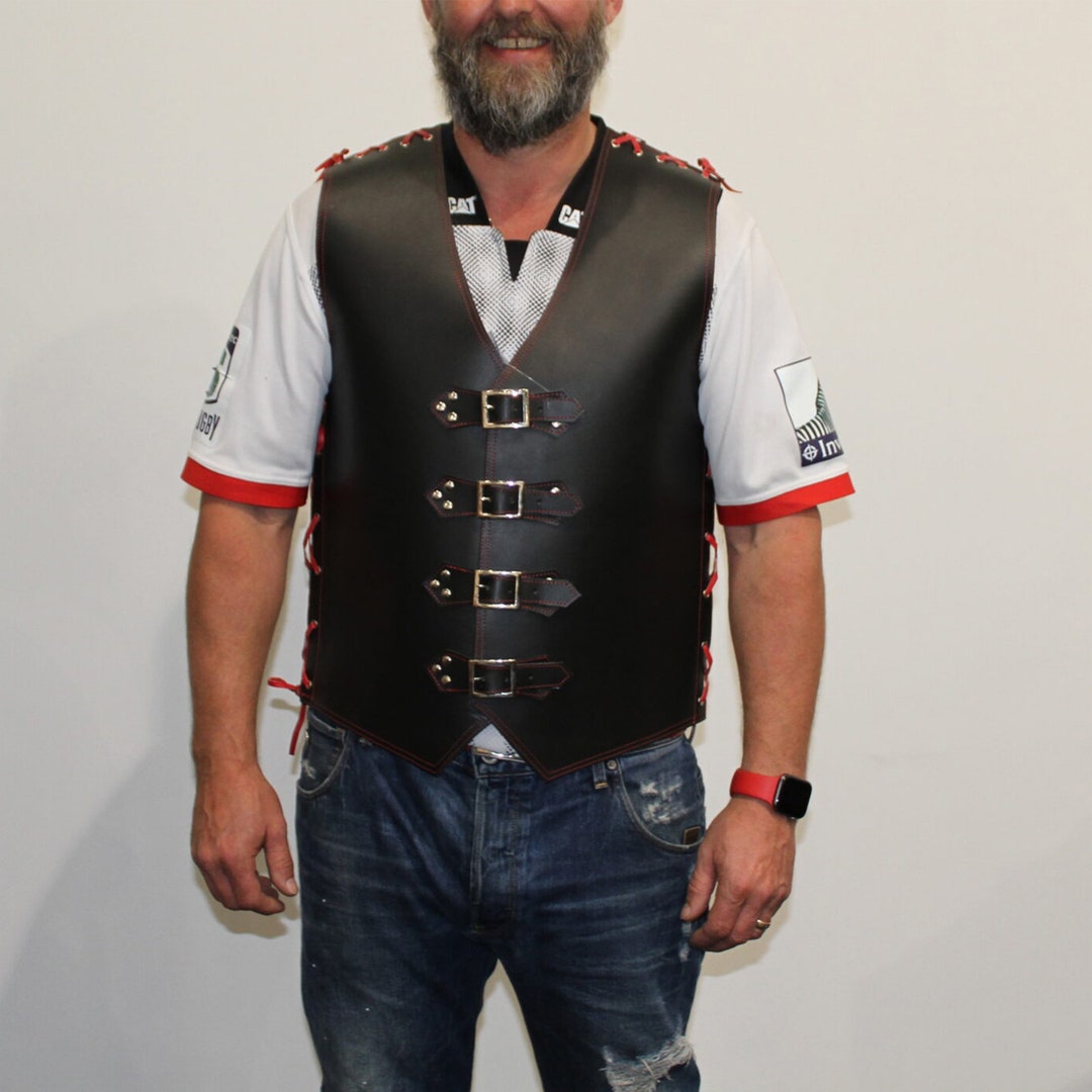 Trucker Vest With Red Stitching, Lamb Leather Vest, Dark Brown Leather ...