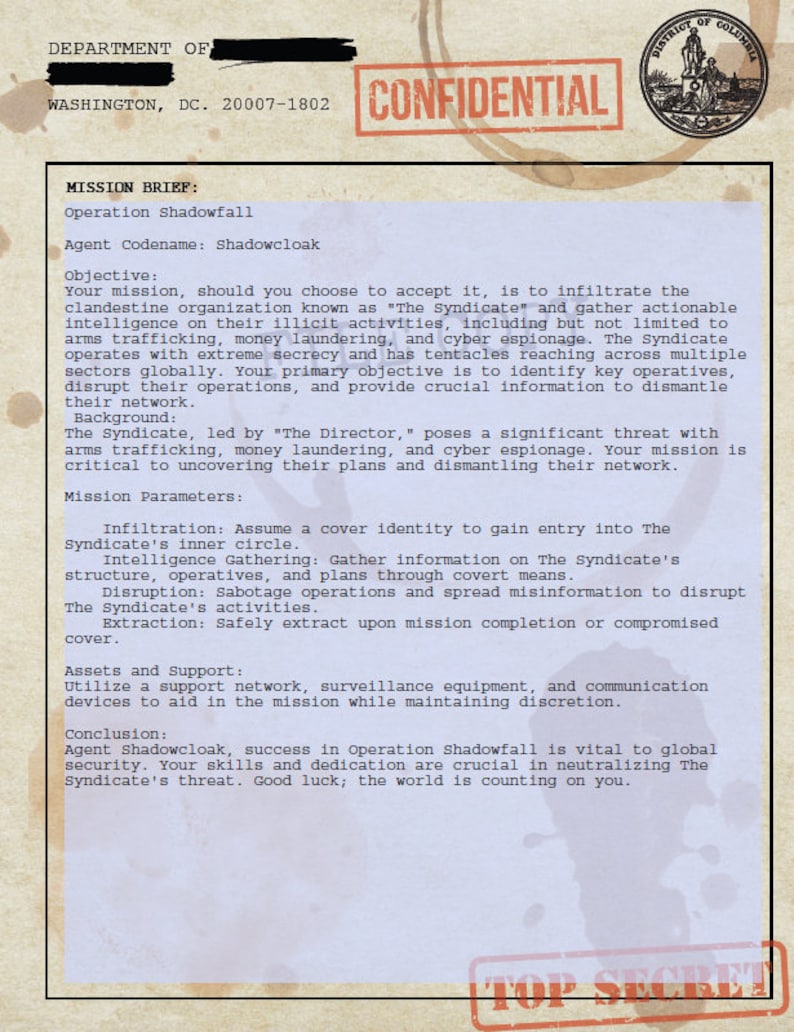 Editable Spy Dossier & Mission Brief PDF Template - Digital Download ...