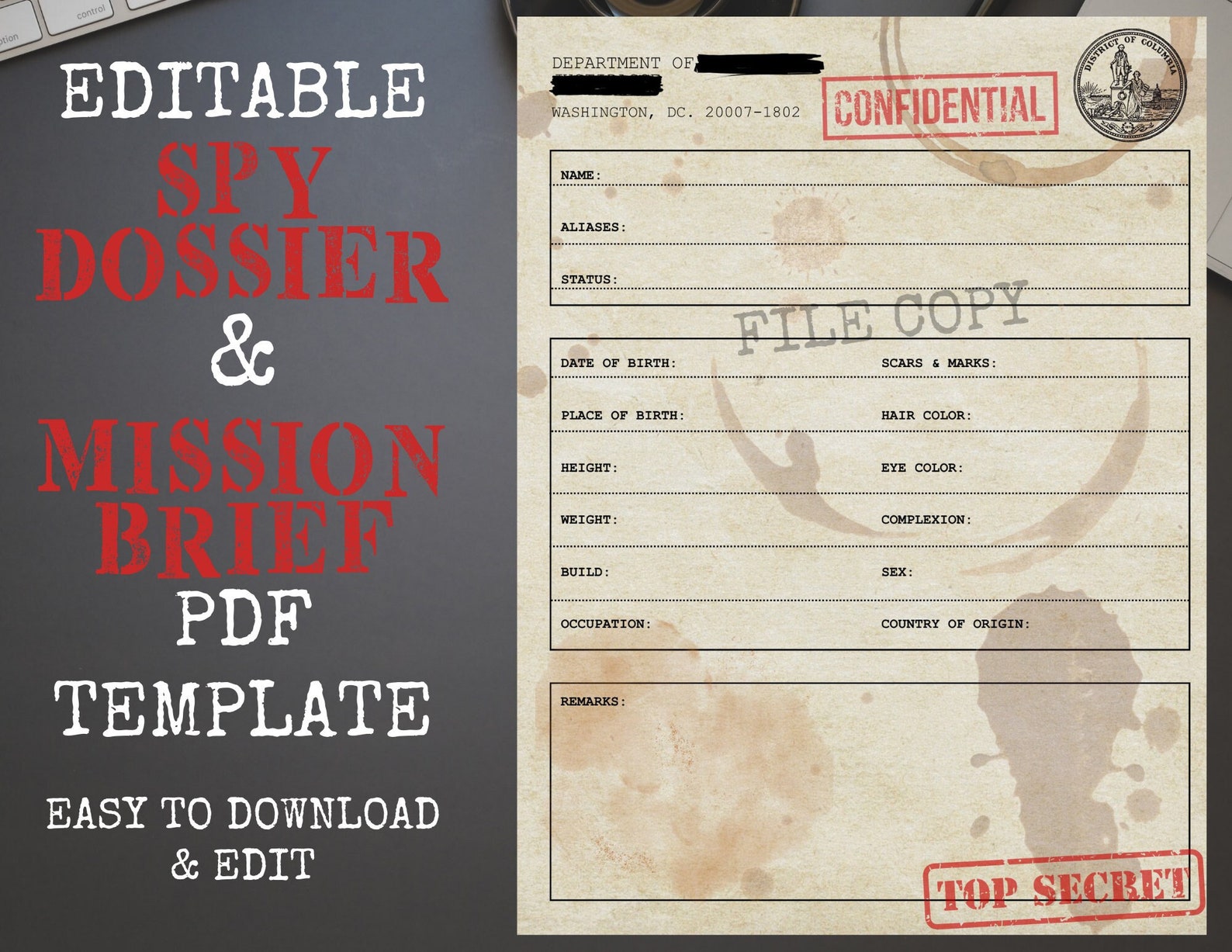 Editable Spy Dossier PDF Template – Customizable Mission Brief (digital ...