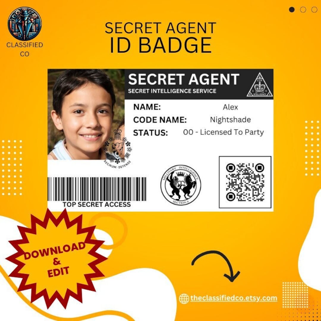 Spy Birthday Party Badge Secret Agent Badge Printable ID Badge Template ...