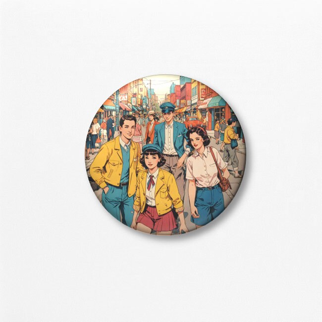 Vintage Pop Art With Group of People in the Street Magnet Pinback ...
