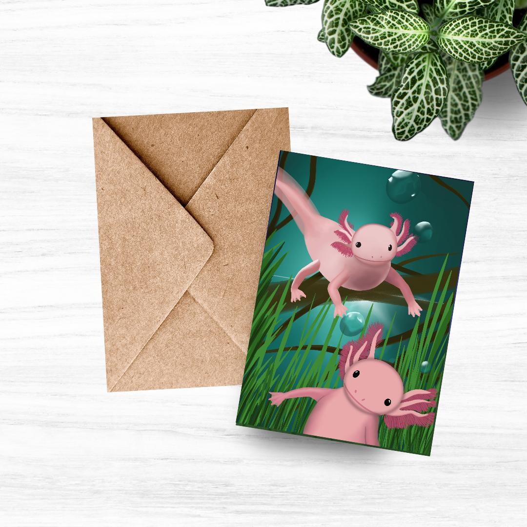 Cute 5X7 Axolotl Greeting Card, Blank Axolotl Card, Card for Nature ...